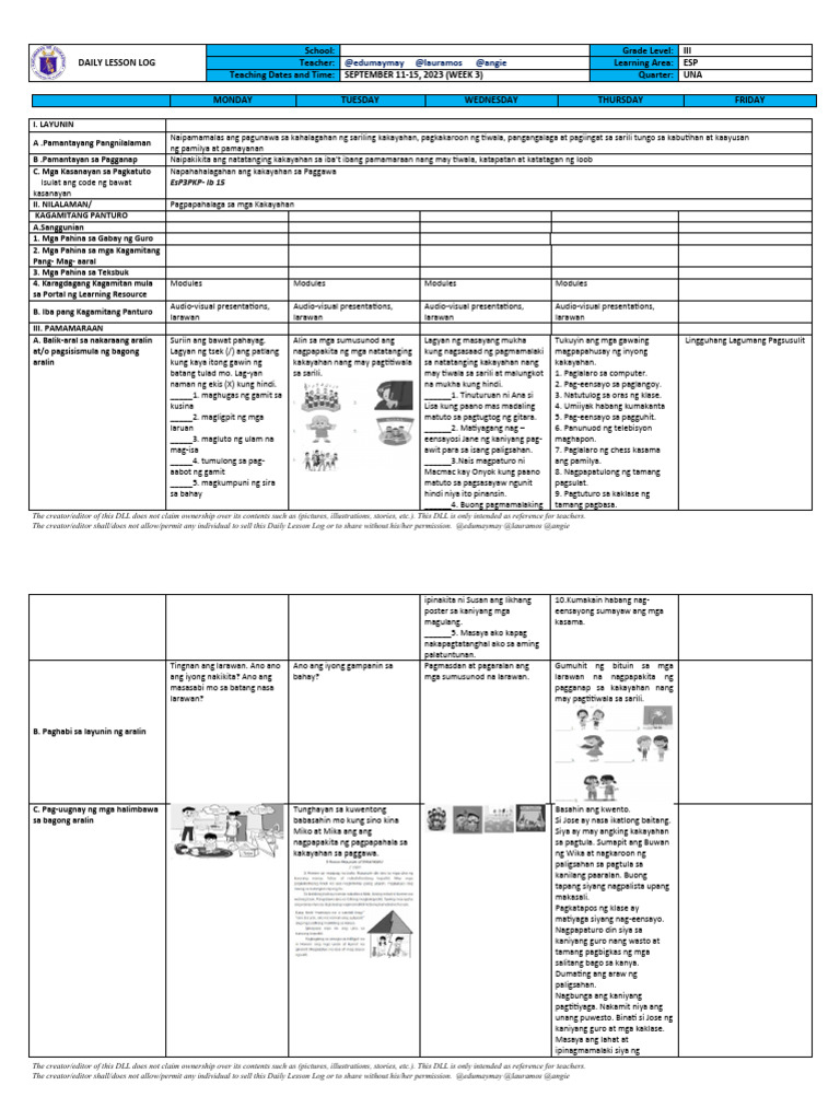 DLL - ESP 3 - Q1 - W3 - Napahahalagahan Ang Kakayahan Sa Paggawa ...