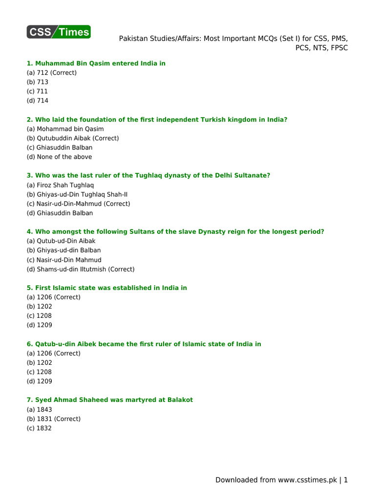 Pakistan Studies - Affairs - Most Important MCQs (Set I) For CSS, PMS, PCS, NTS, FPSC | PDF