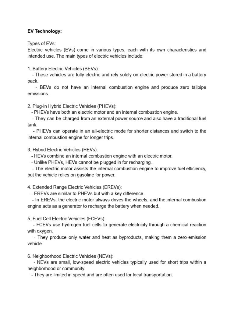 EV Technology Notes | PDF | Electric Vehicle | Plug In Hybrid