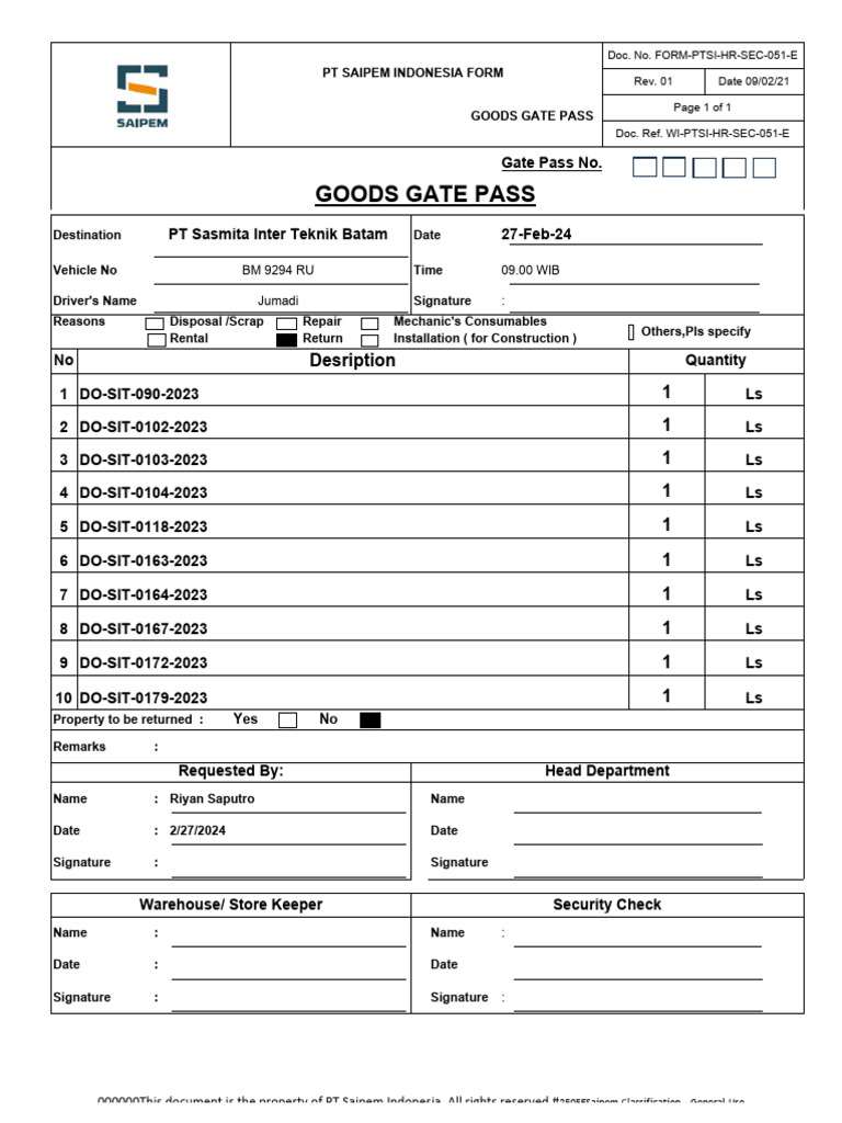 Goods Gate Pass For Demob Sasmita | PDF
