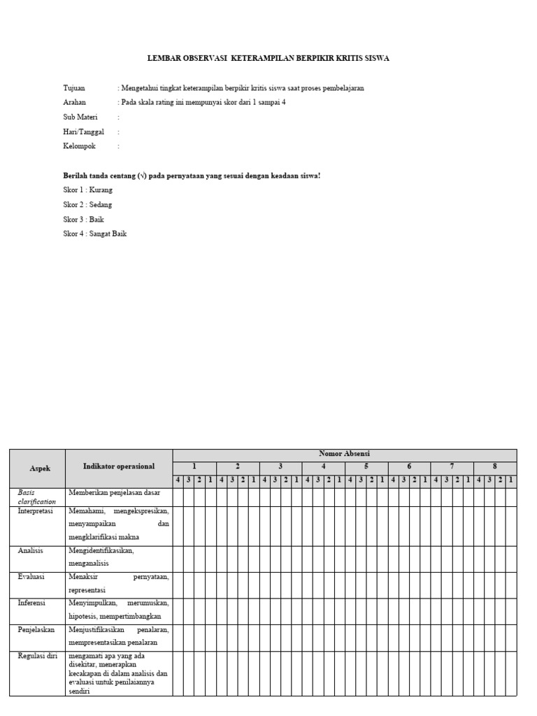 Lembar Observasi Ketrampilan Berpikir Kritis | PDF | Pengembangan Diri