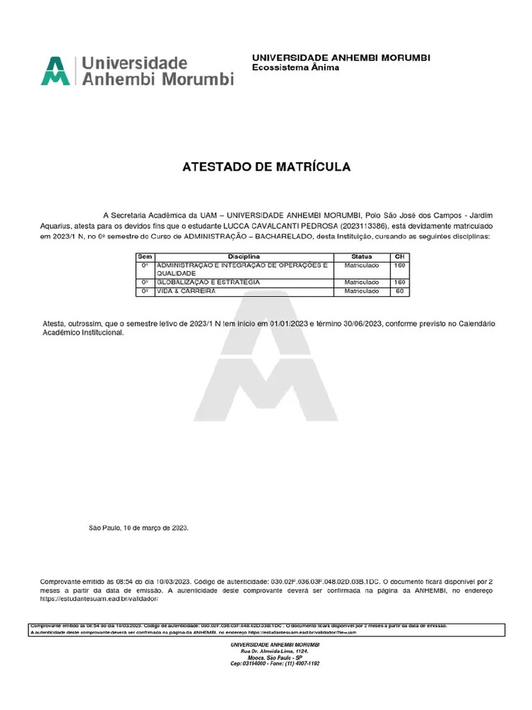 Atestado de Matricula Eventos Anhembi Morumbi | PDF