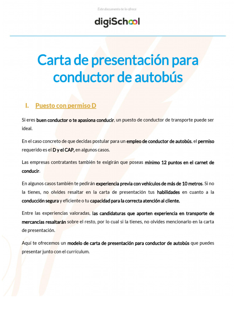 Carta de presentación para conductor de autobús | PDF | Transporte