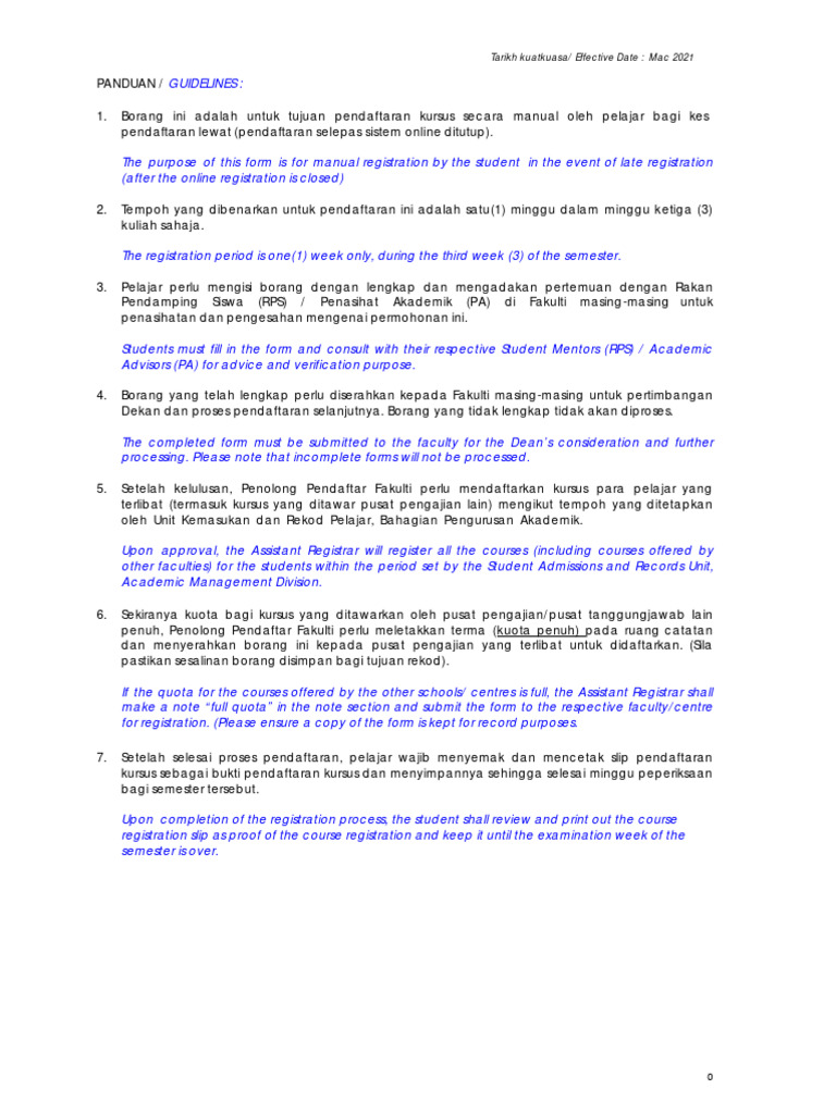 HEA (B) - 02 (B) Borang Pendaftaran Kursus Lewat | PDF