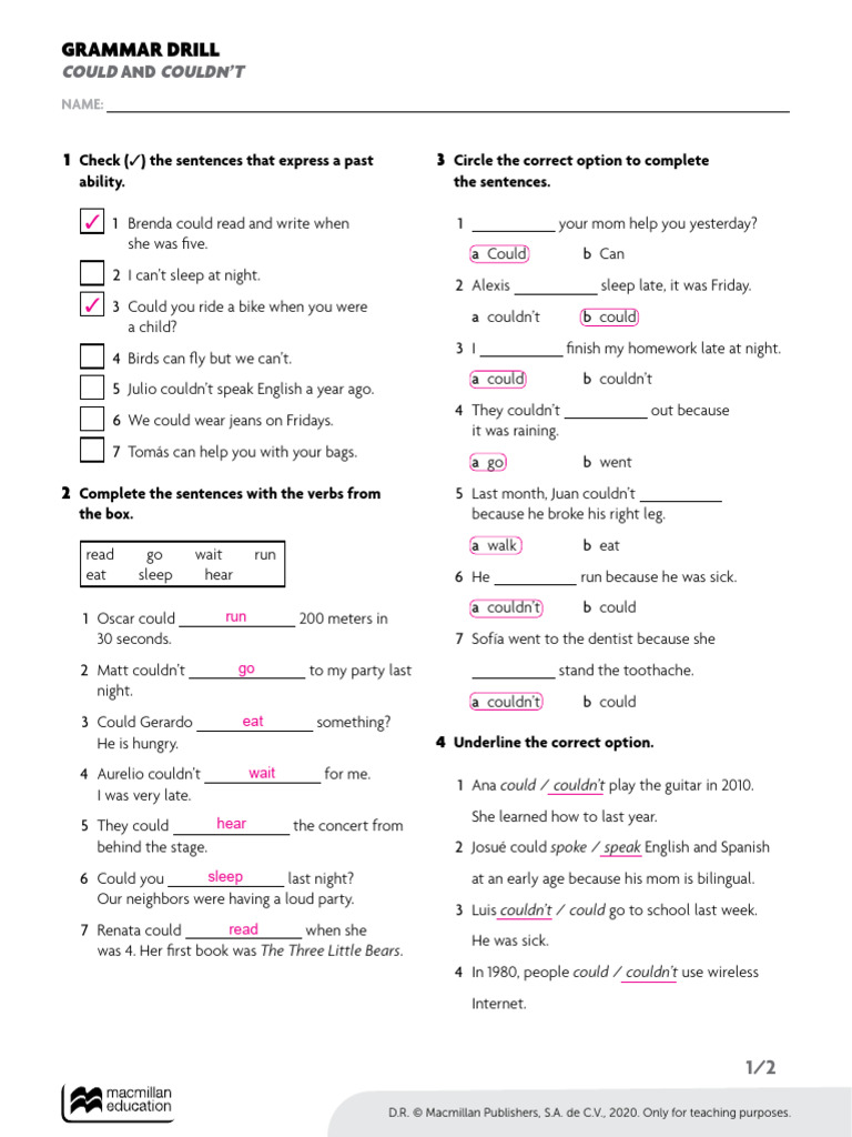 Grammar Drill 08 Could and Couldnt Answer Key | PDF | Linguistics