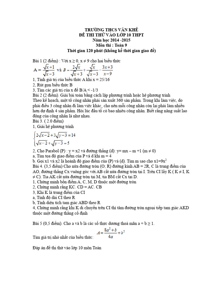 De Thi Thu Vao Lop 10 Mon Toan Truong Thcs Van Khe | PDF