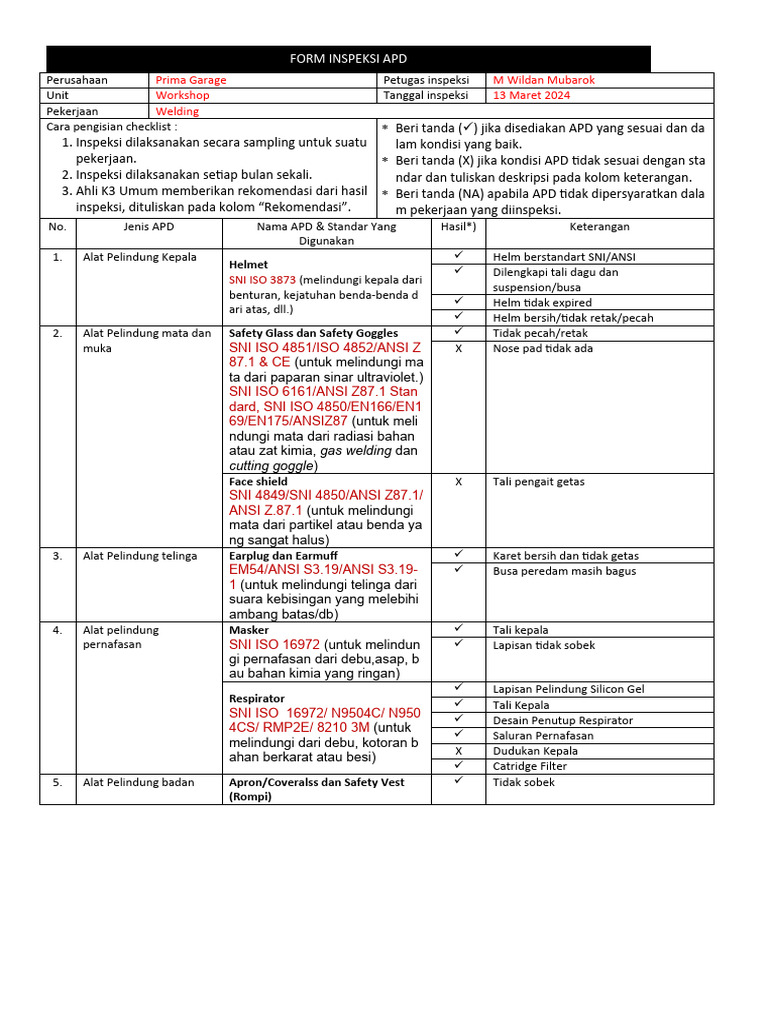 Form Inspeksi APD (M Wildan Mubarok) | PDF