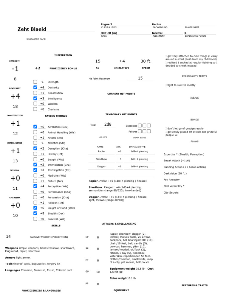 Character Sheet Dungeons Dragons - DD 5 | PDF | D20 System | Role Playing Games