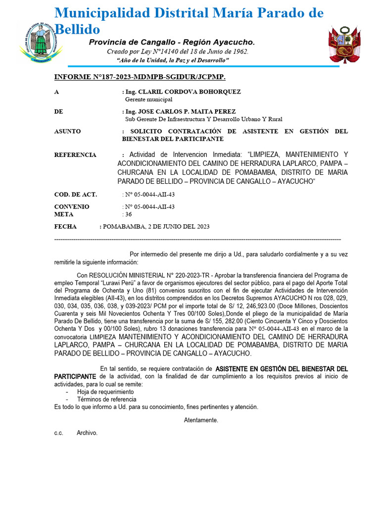 Informe N°03 - 2023 Requerimiento Del Asistente en Gestion Del Bienestar | PDF