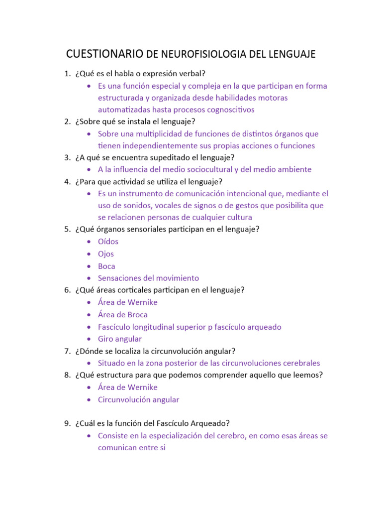 Cuestionario de Neurofisiologia Del Lenguaje-1 | PDF | Cerebro | Sistema nervioso