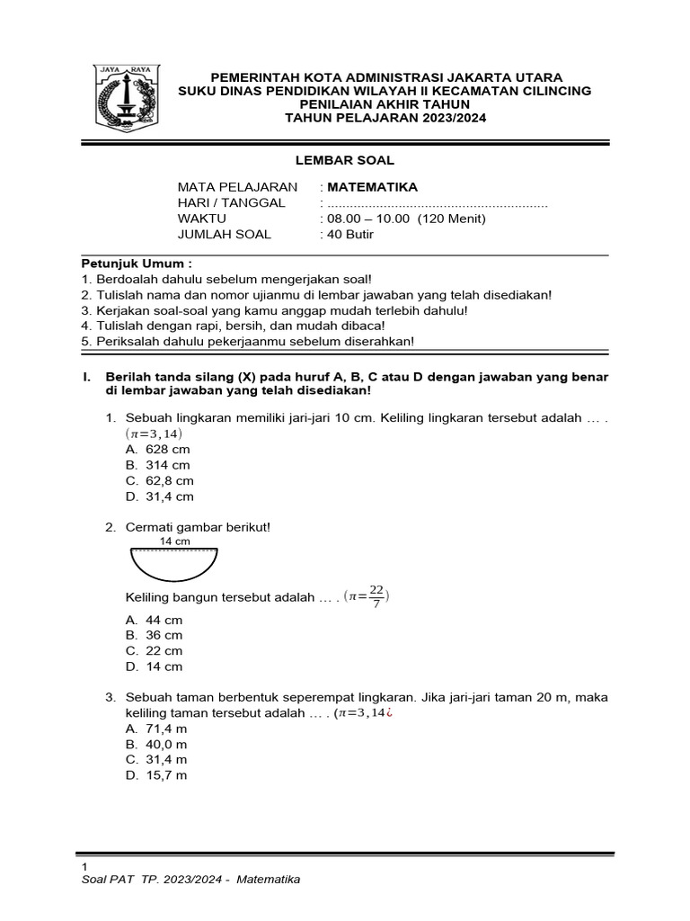 Soal Pat Matematika 2024 Pdf