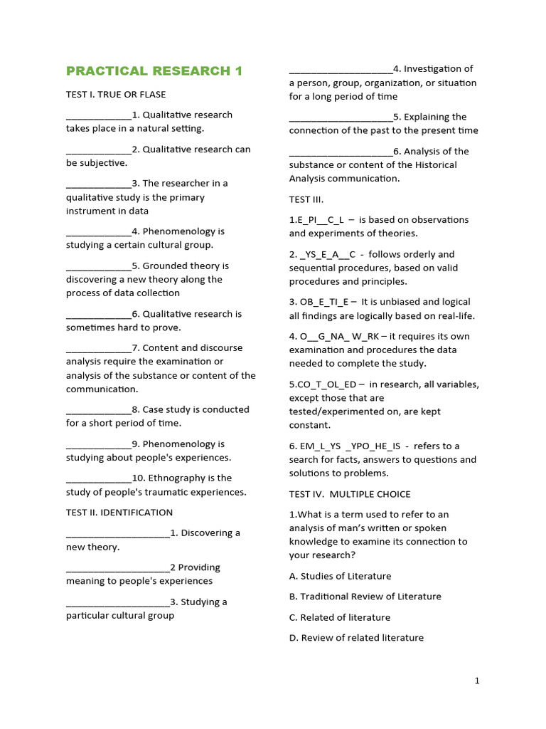 PRACTICAL RESEARCH 1 Ques | PDF