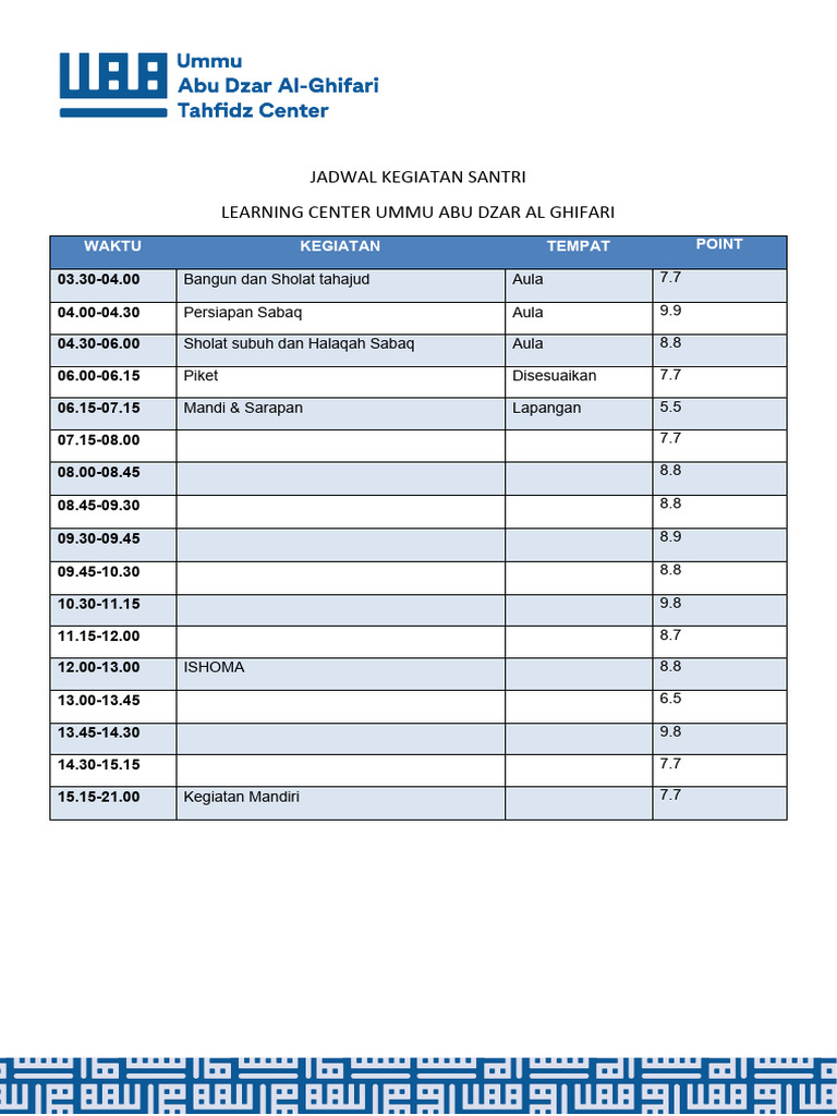 Jadwal Kegiatan Santri LC UAA | PDF