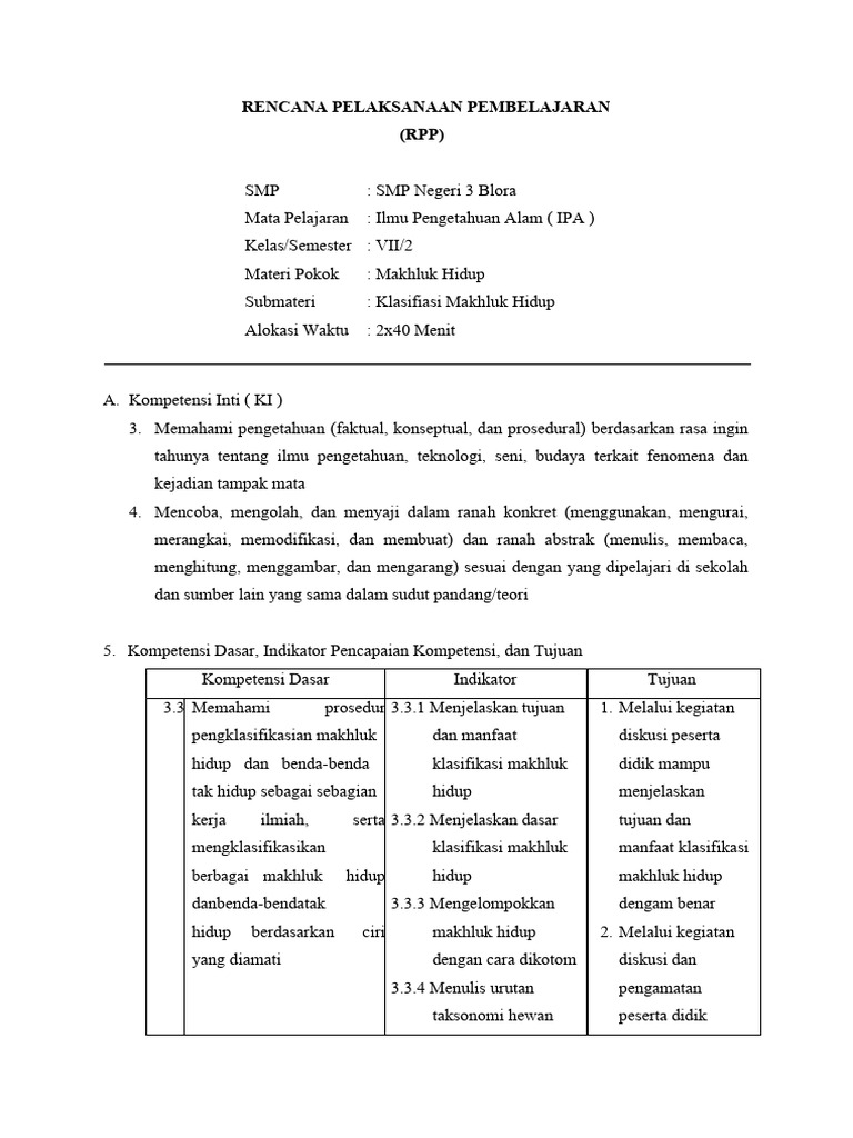 RPP Klasifikasi Makhluk Hidup | PDF | Sains & Matematika