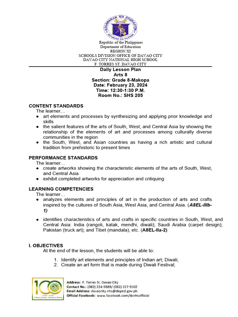 Diwali - Grade 8 MAPEH Lesson Plan 3rd Quarter | PDF