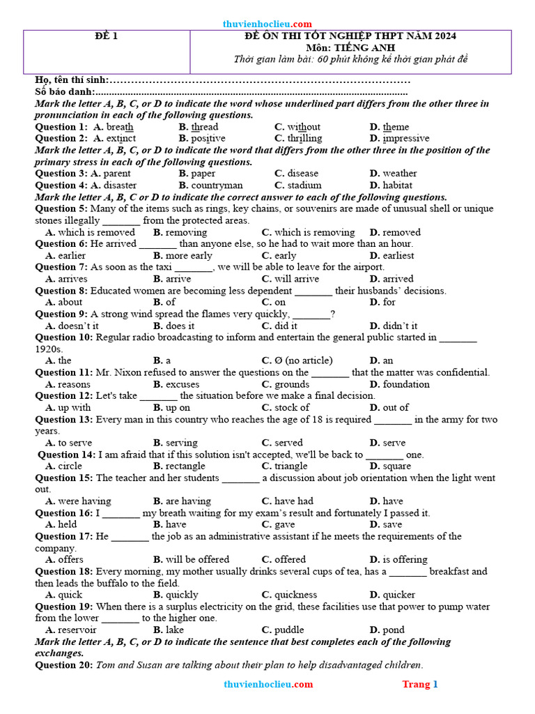 thuvienhoclieu.com-10-De-on-thi-TN-THPT-2024-mon-Tieng-Anh | PDF | Swimming | Climate Change