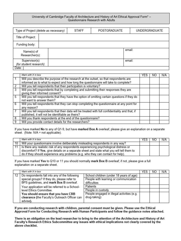 Ethics Approval Form for Questionnaire Research | PDF