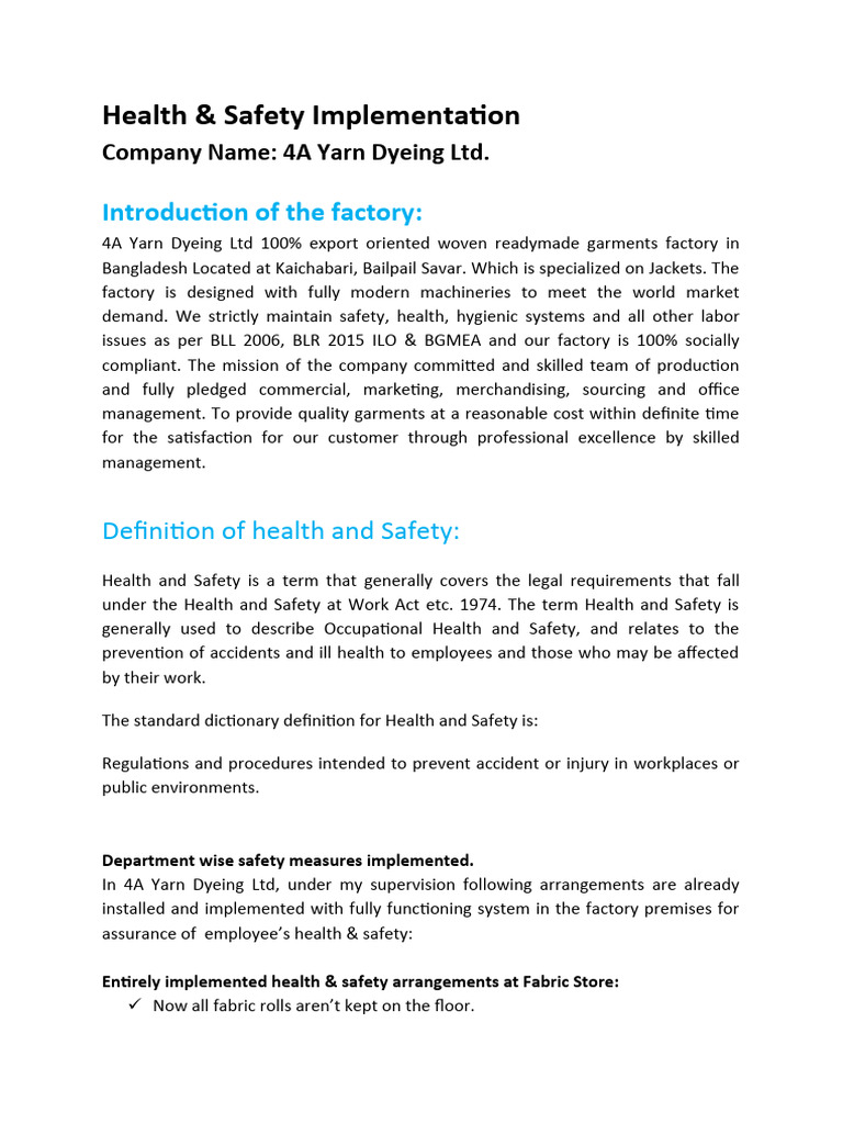 Health & Safety IMPLEMENTED of Factory | PDF | Occupational Safety And ...