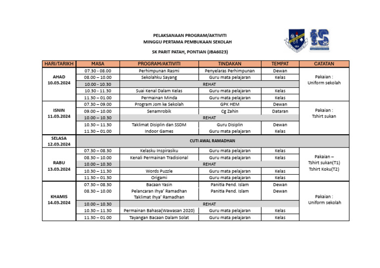 Pelaksanaan Program Minggu Pertama Persekolahan 2024 | PDF
