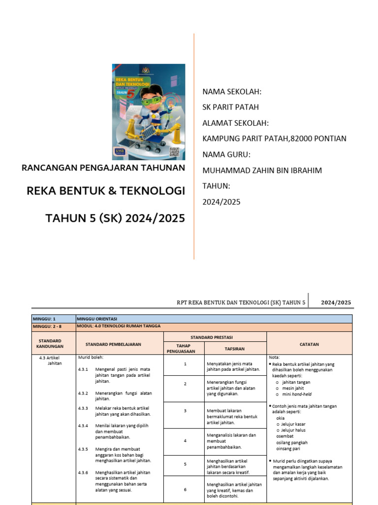 RPT RBT THN 5 (SK) 2024-2025 Cikgu Zahin | PDF