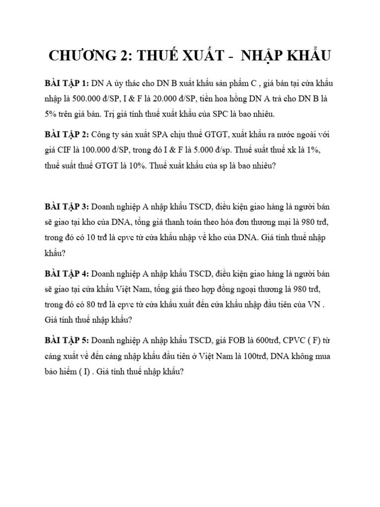 BÀI TẬP CHƯƠNG 2 - XNK | PDF