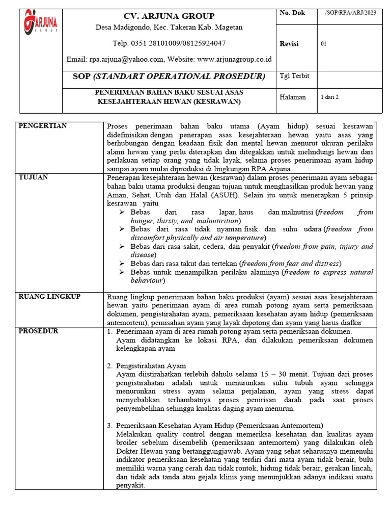 Sop Penerimaan Bahan Baku Sesuai Kesrawan New | PDF