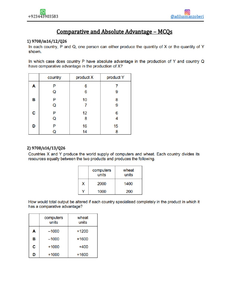 MCQs - Comparative and Absolute Advantage | PDF