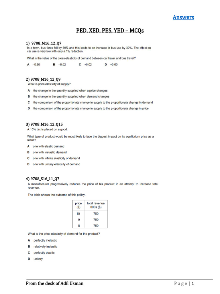Elasticities - PED, PES, XED, YED | PDF