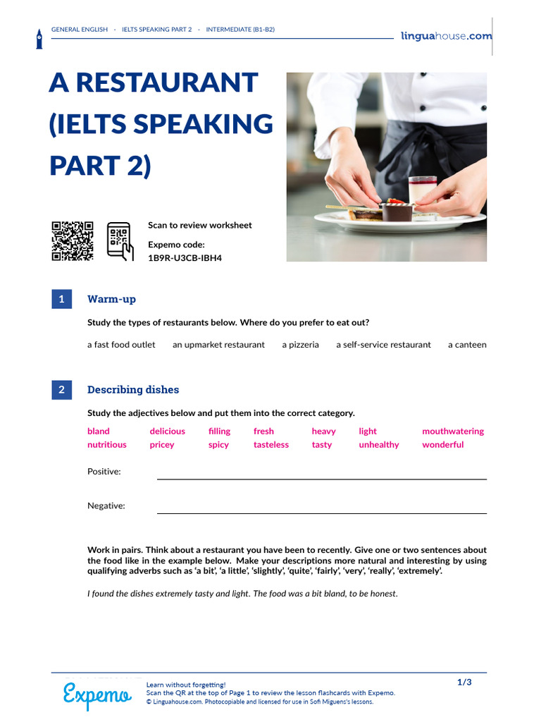 A Restaurant Ielts Speaking Part 2 British English Student | PDF ...
