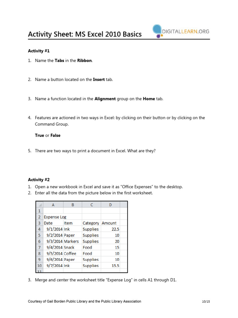 Activity_Sheet__MS_Excel_2010_Basics | PDF