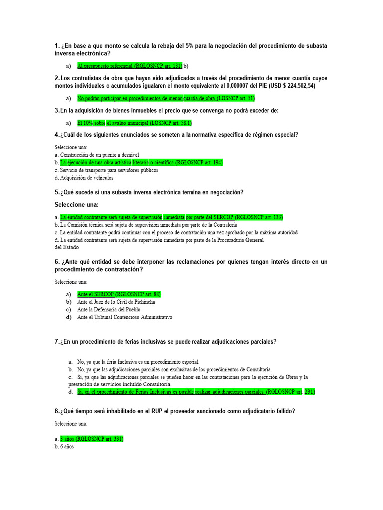 Preguntas Examen Sercop | PDF | Subasta | Outsourcing