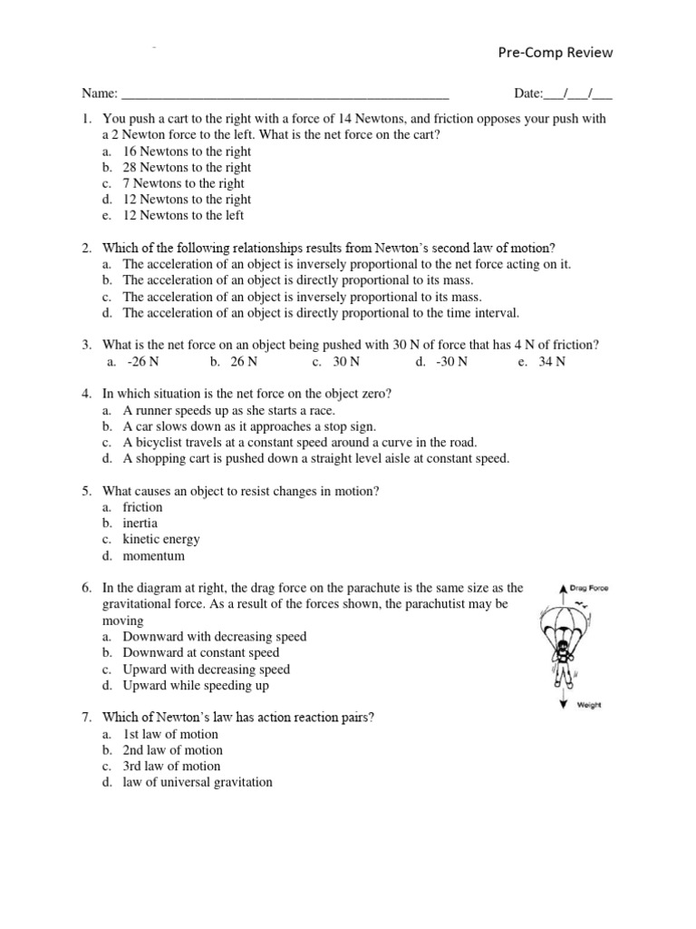 Physics Pre Comp Review Questions Pdf Force Friction