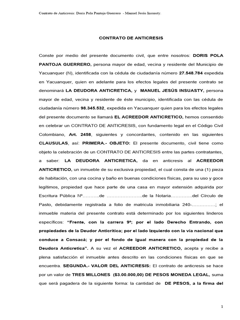 CONTRATO DE ANTICRESIS | PDF | Pagos