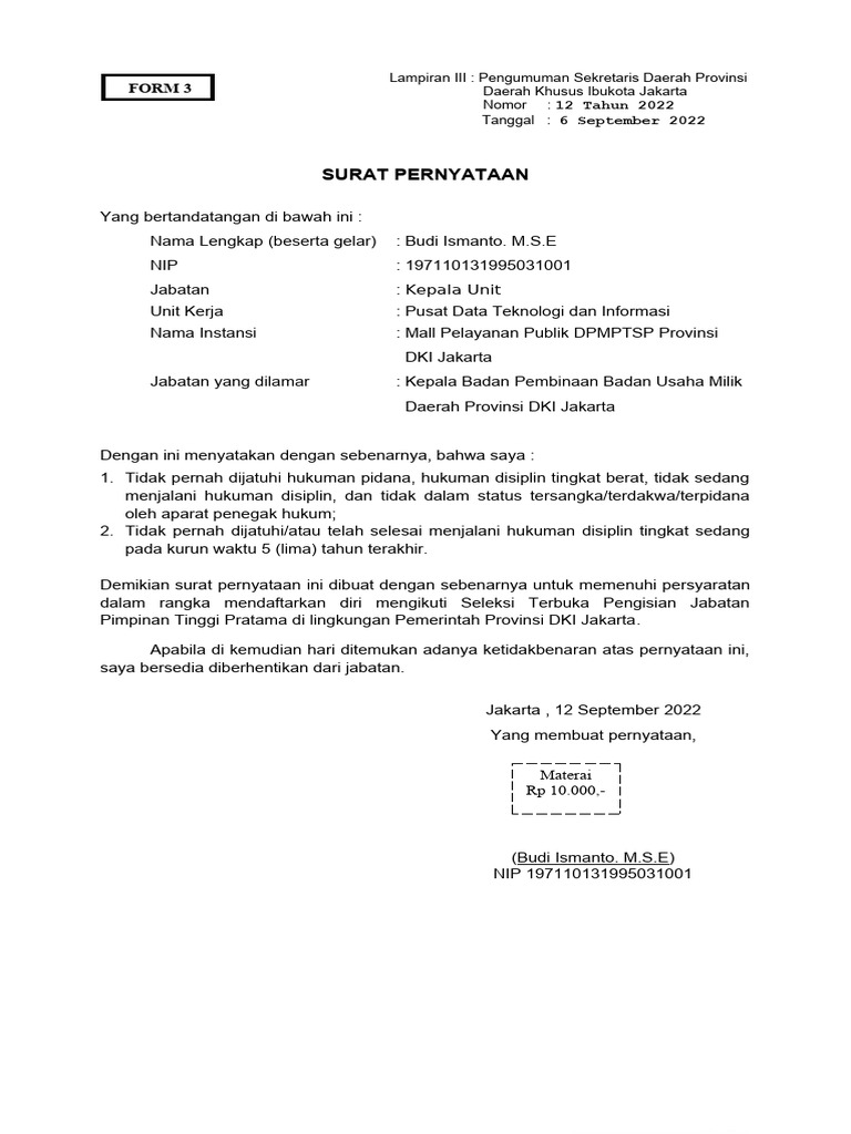 FORM 3 - Surat Pernyataan Tidak Pernah Dijatuhi Hukuman | PDF