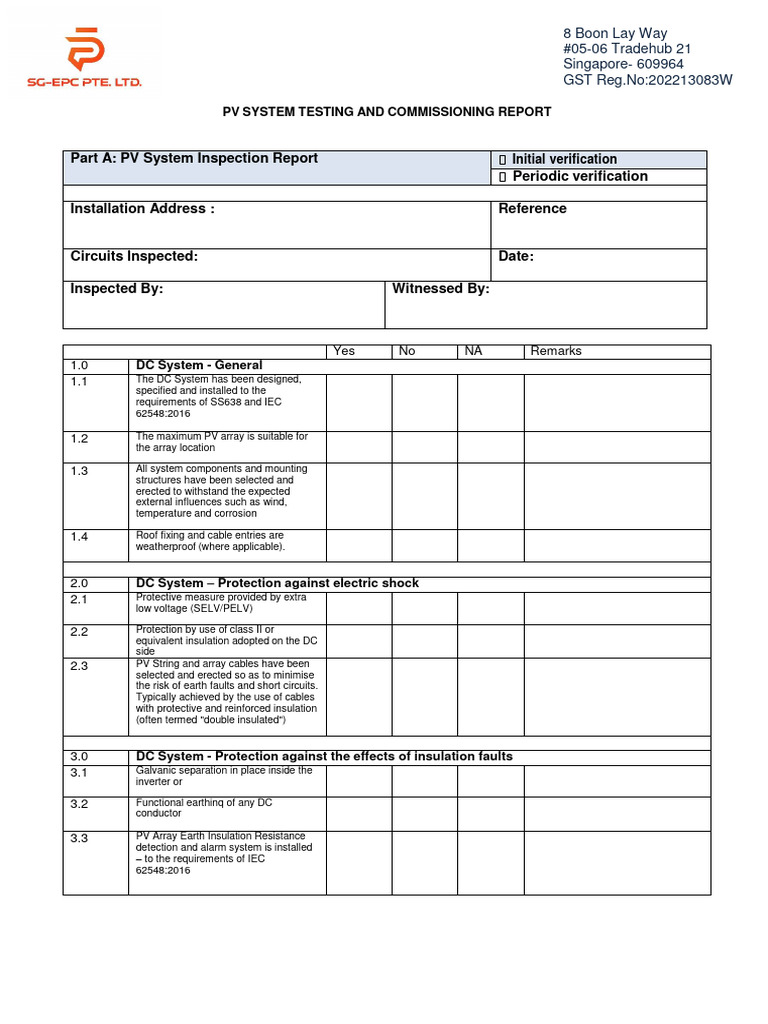 Sg Epc Pv System Testing And Commissioning Report Pdf Direct Current Photovoltaics