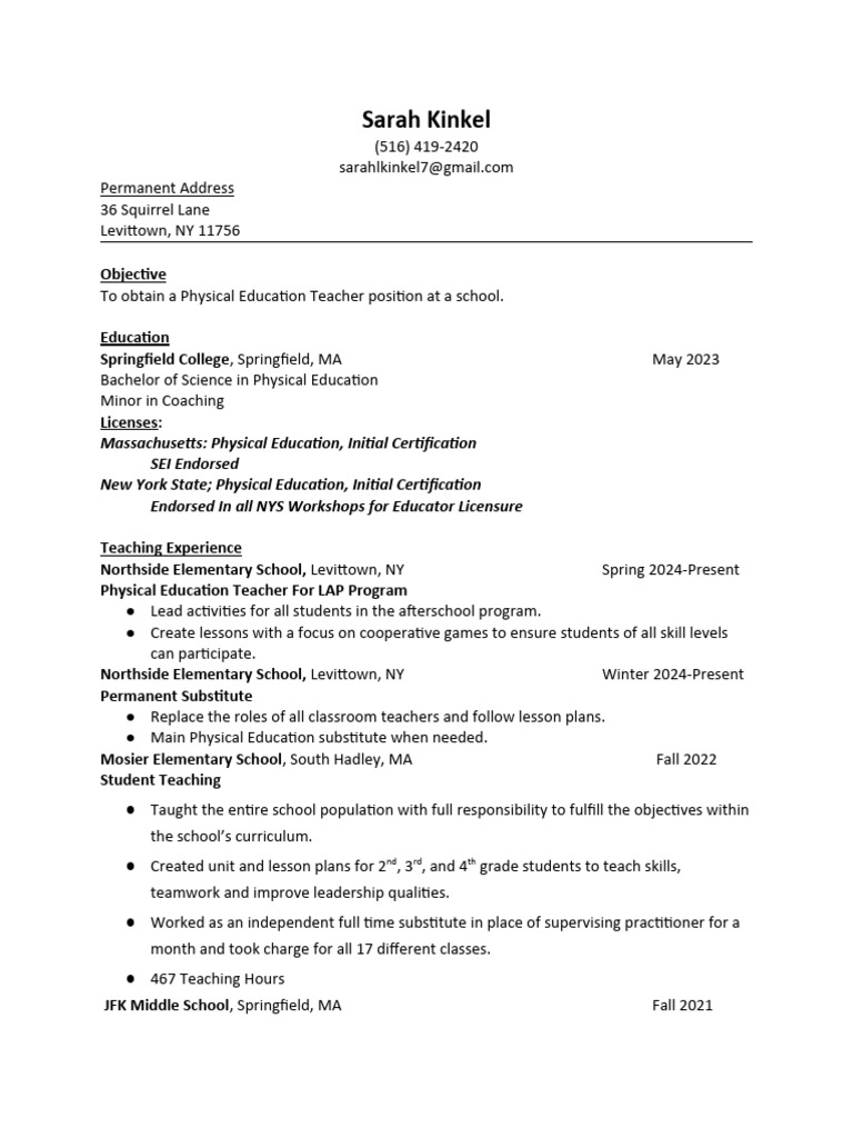 Sarah Kinkel Resume 2024 1 | PDF | Physical Education | Teachers