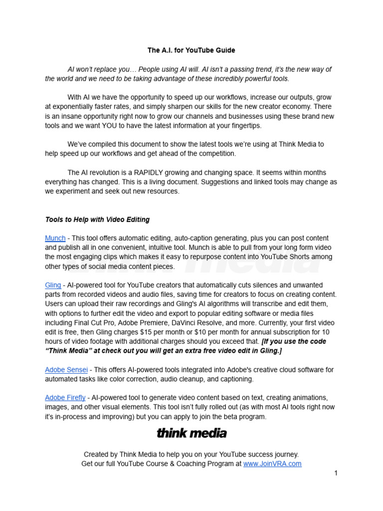 Think Media's A.I. For YouTube Guide | PDF | You Tube | Artificial ...
