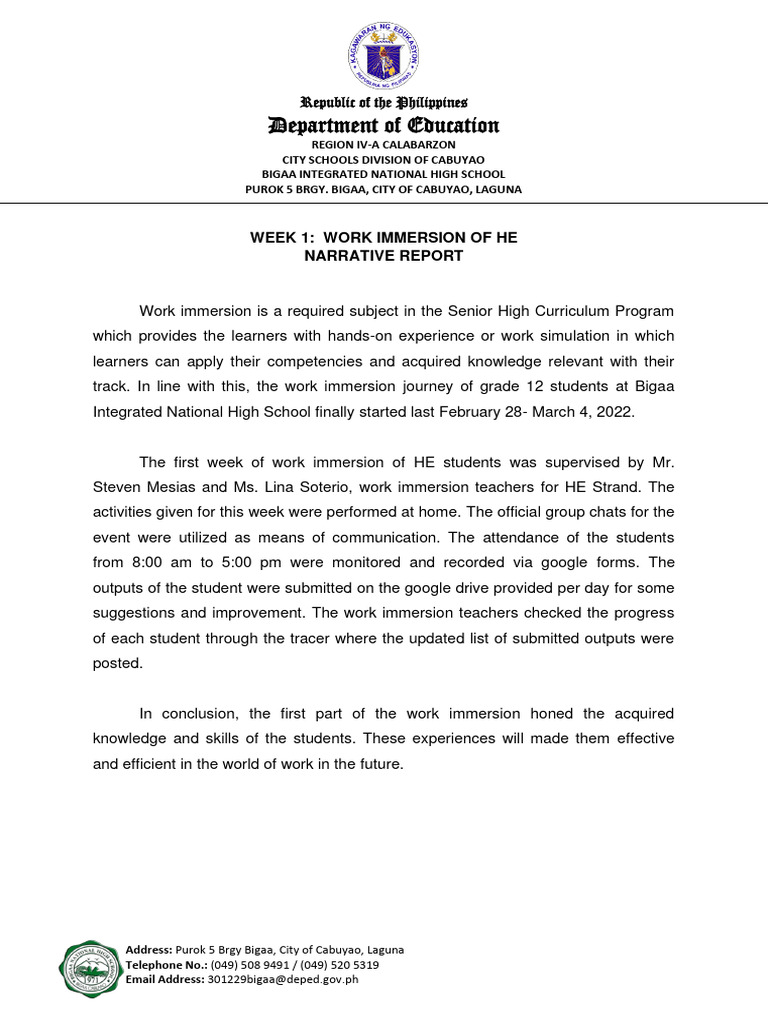 Narrative Report Work Immersion Week 1 | PDF | Cognition | Behavior Modification