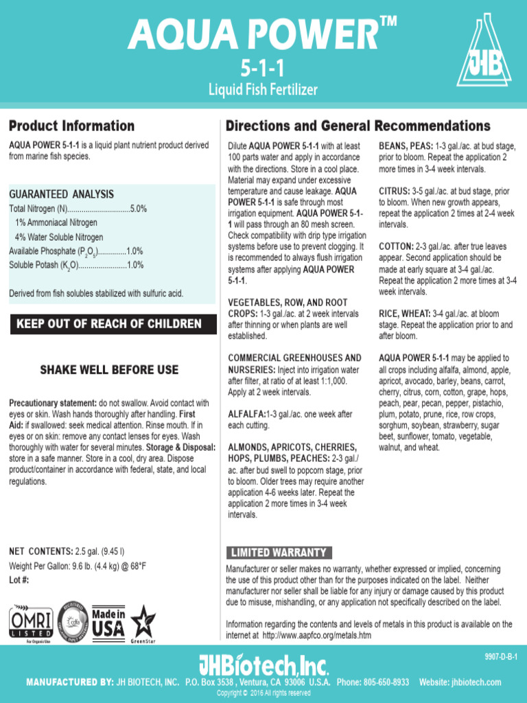 Label JH Biotech Aqua Power 5 1 1 | PDF | Fertilizer | Vegetables