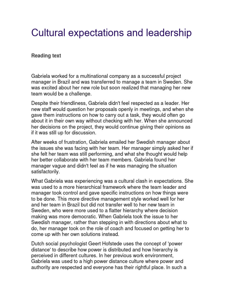 Cultural Expectations and Leadership Reading | PDF | Leadership ... Cultural Expectations and Leadership Reading | PDF | Leadership ...