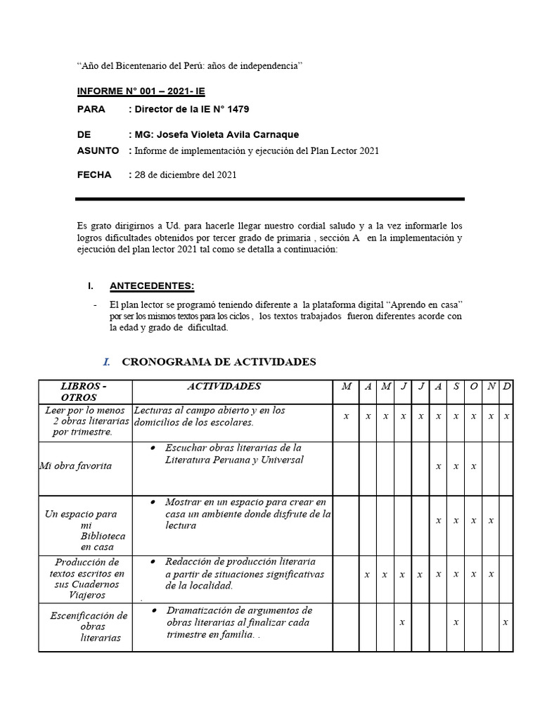 Informe de Plan Lector PLAN LECTOR | PDF | Comprensión lectora | Perú Informe de Plan Lector PLAN LECTOR | PDF | Comprensión lectora | Perú