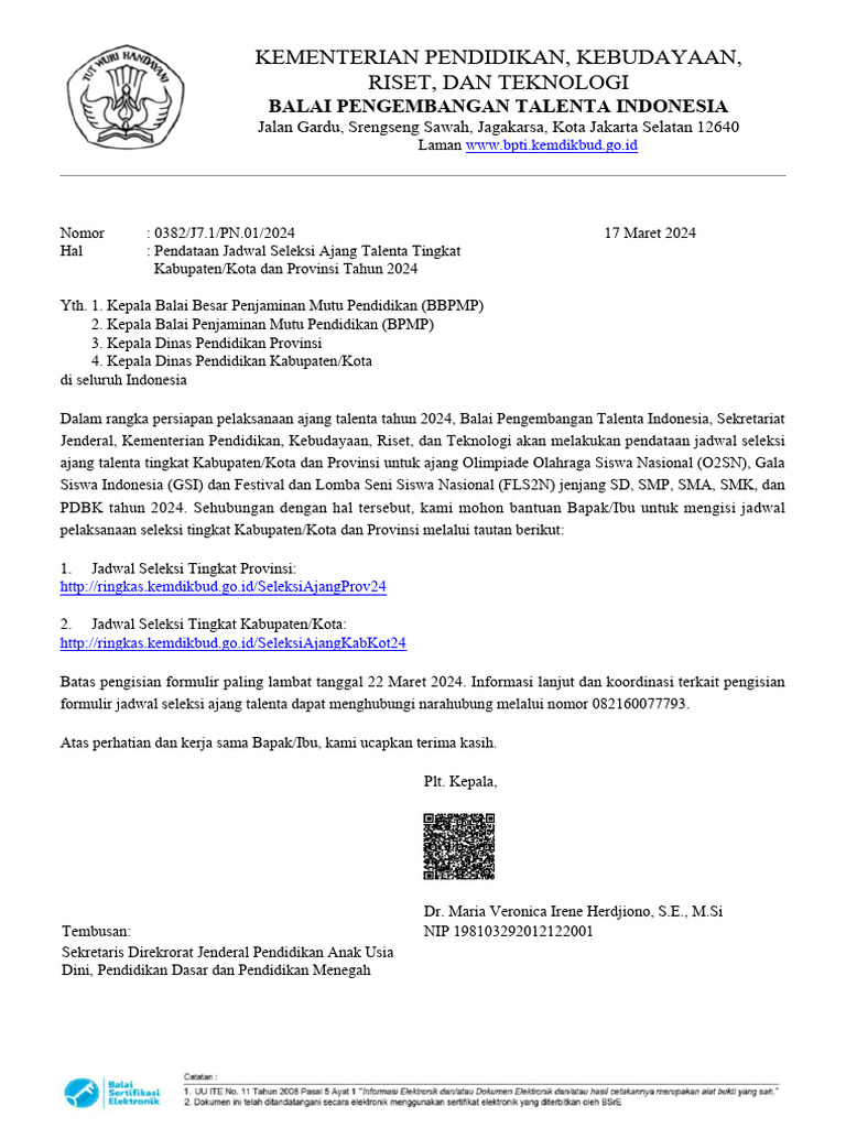Pendataan Jadwal Seleksi O2sn, FLS2N, Dan Gsi Tahun 2024 | PDF