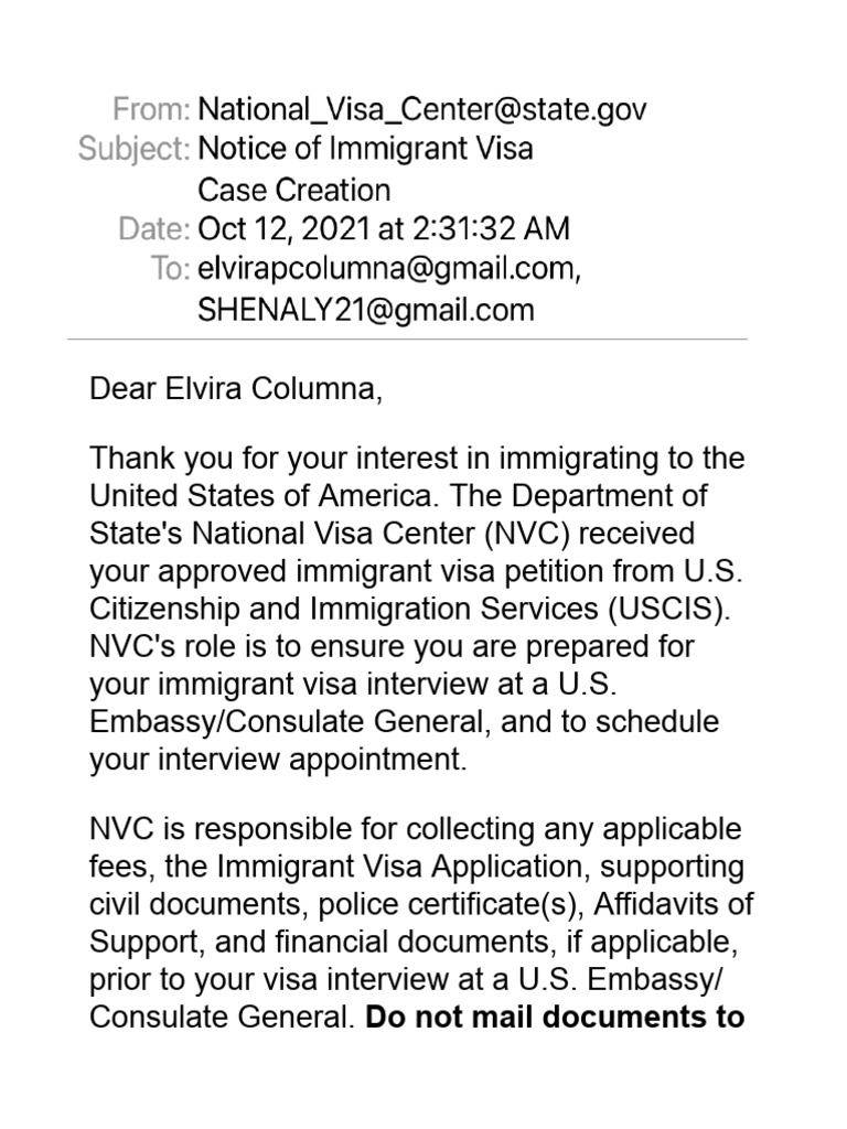 NVC Immigrant Visa Case Creation Notice | PDF | United States ...