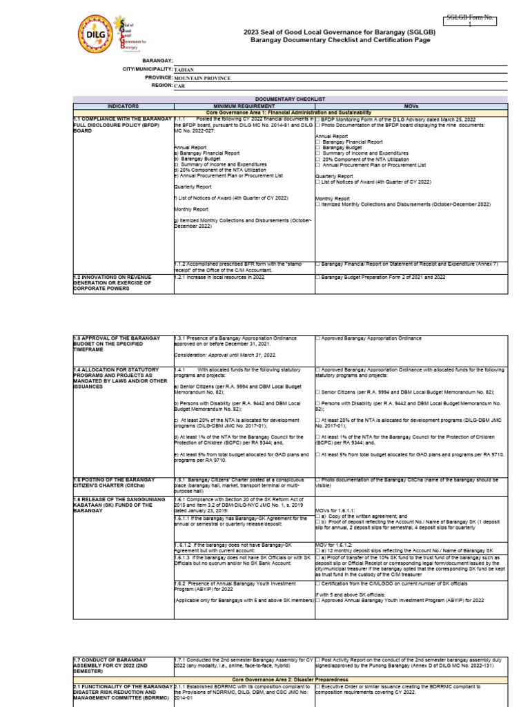 SGLGB Form 1 Documentary Checklist | PDF