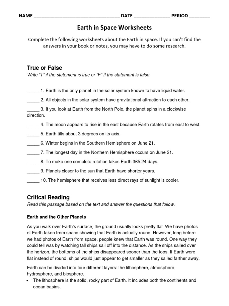 Earth in Space Worksheets | Download Free PDF | Solar System | Earth