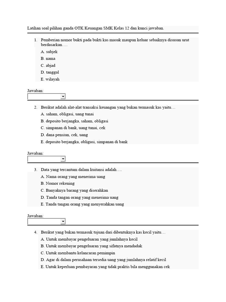 Latihan Soal Pilihan Ganda OTK Keuangan SMK Kelas 12 Dan Kunci Jawaban | PDF
