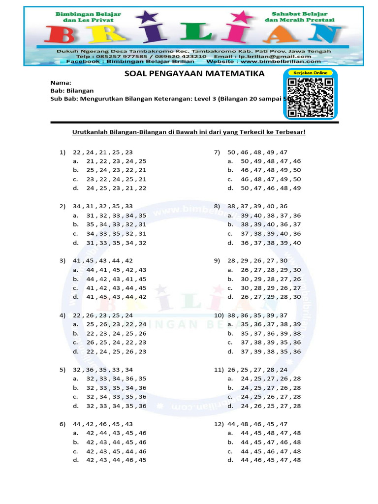 Soal Mengurutkan Bilangan 20 - 50 (Level 3) | PDF