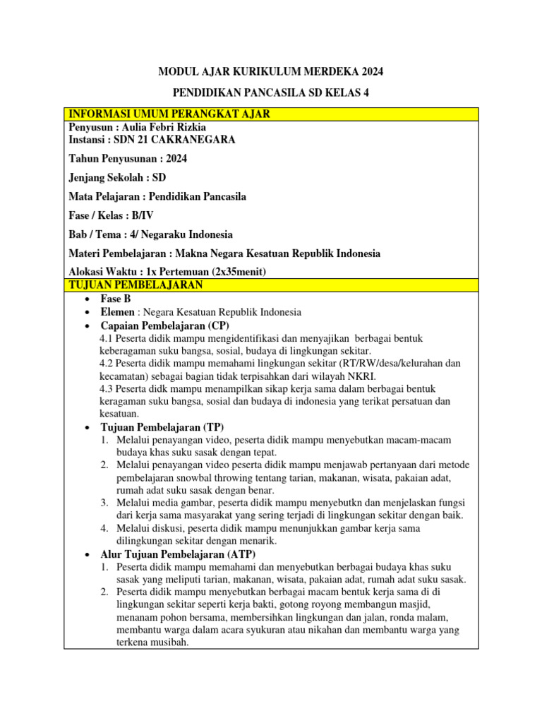 MODUL AJAR MODIFIKASI KURIKULUM MERDEKA TUGAS UTS PPDP - Auliafebry | PDF