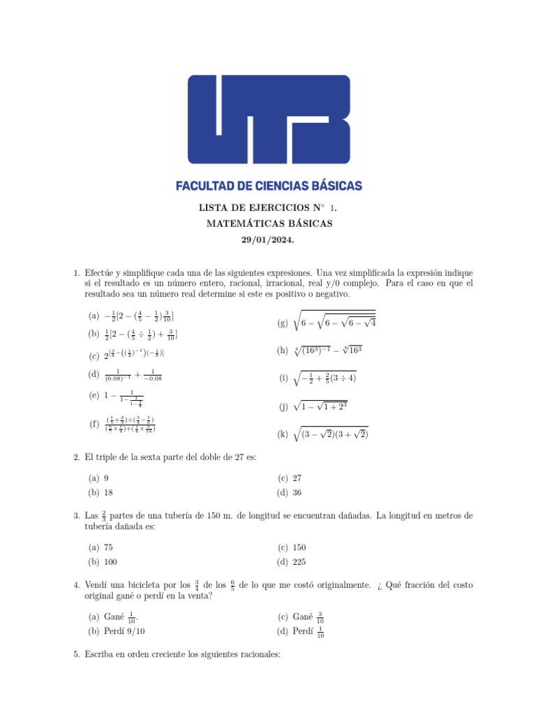 LISTA DE EJERCICIOS # 1. | PDF | Matemáticas | Números