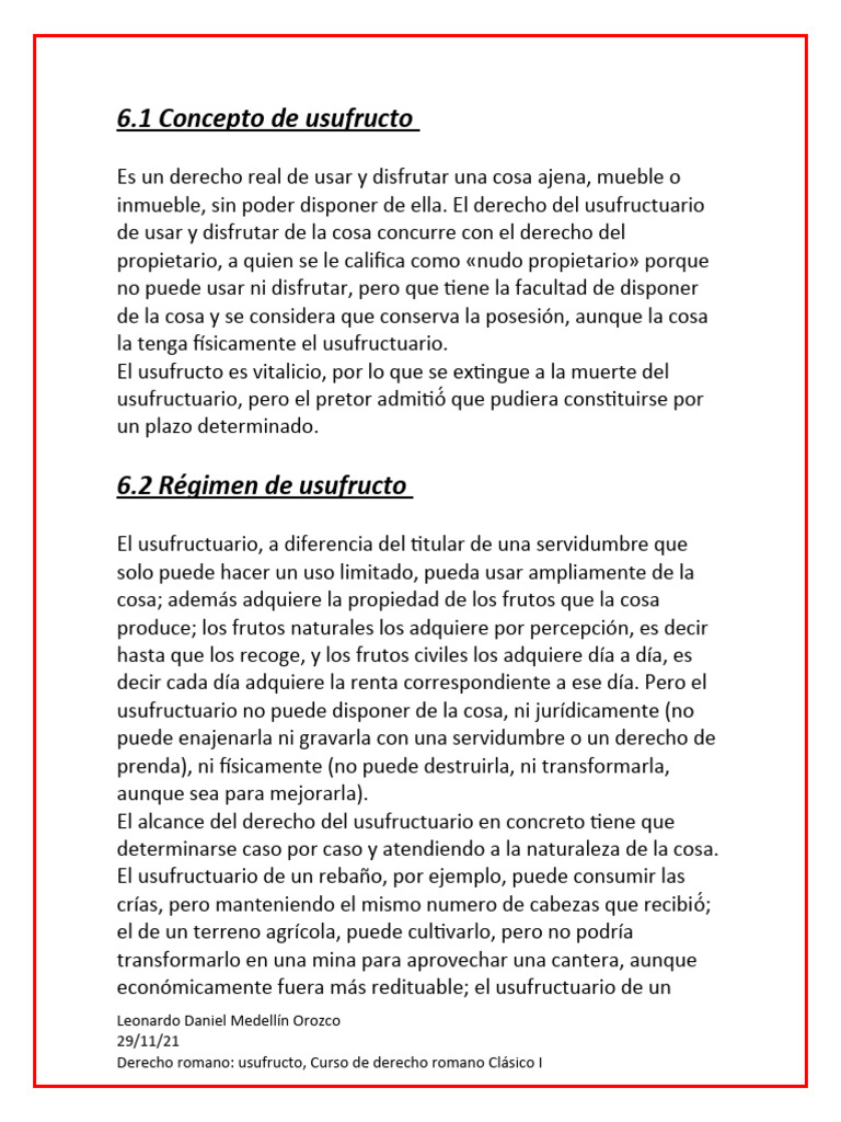 Derecho Romano, Usufructo, Curso de Derecho Romano Basico I | PDF ...